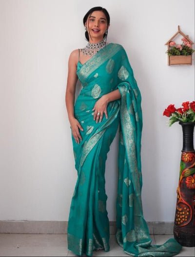 1 Min Teal Green Cotton Silk Zari Ready To Wear Saree – BONYHUB