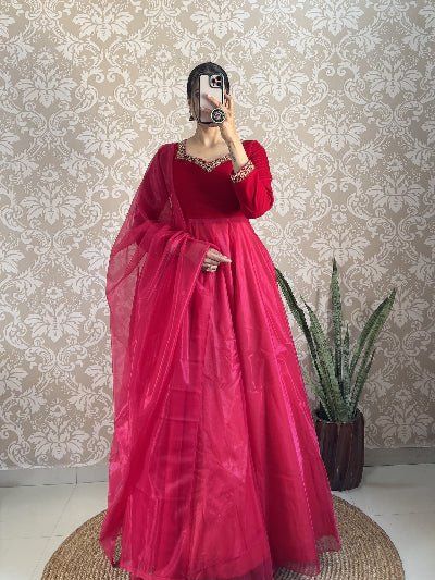 Red Velvet & Soft Tissue Silk Anarkali Gown Dupatta Set Of 2 UK Next D ...
